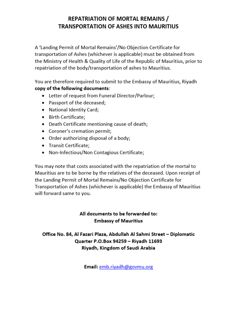 Repatriation of Mortal Remains9 | PDF