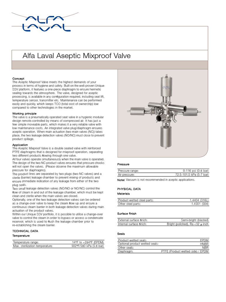 Alfa Laval Unique Aseptic Mixproof Valve - Us Product Leaflet | PDF
