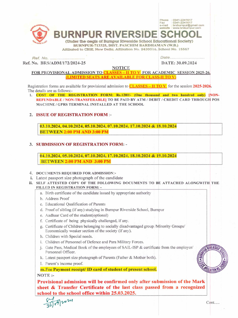 Provisional Admission To Class-Ii To V Session 2025-26 | PDF