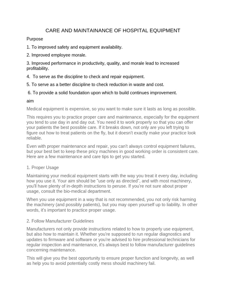 Care and Maintainance of Hospital Equipment | PDF