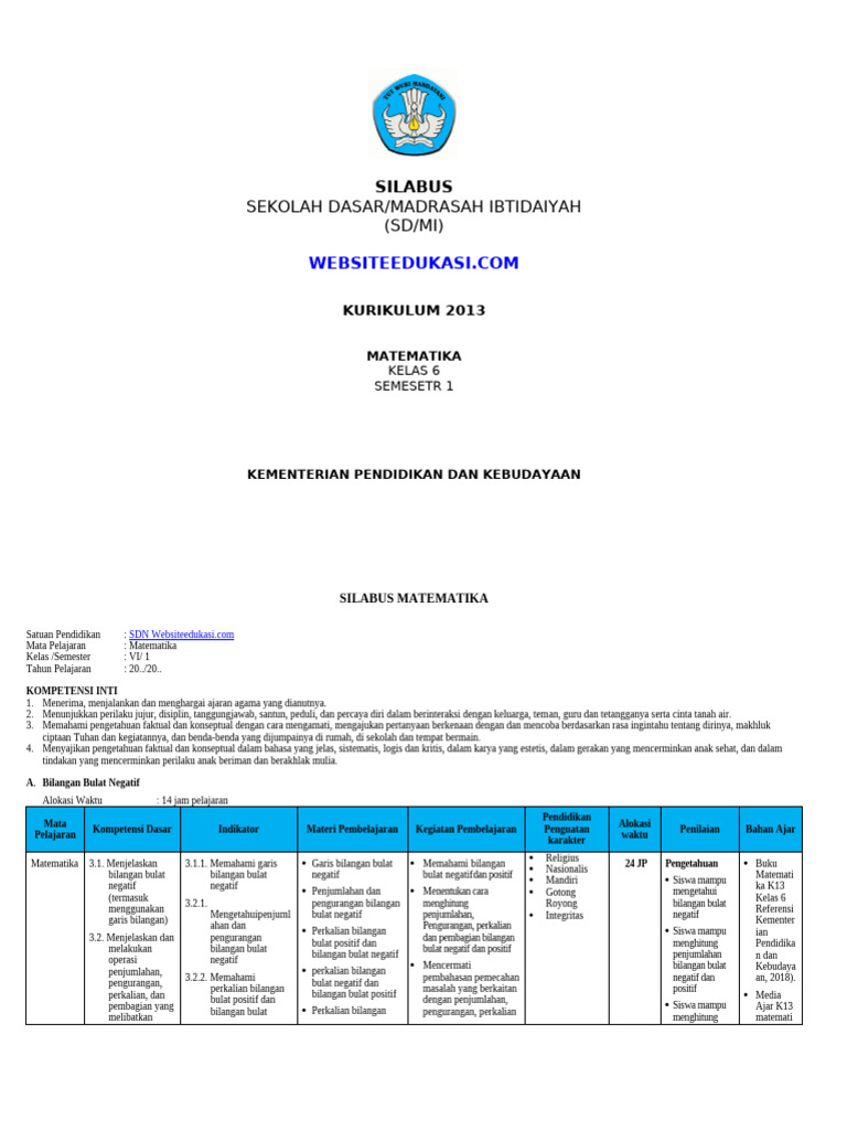 Silabus MTK Kelas 6 Ganjil 9 Komponen | PDF