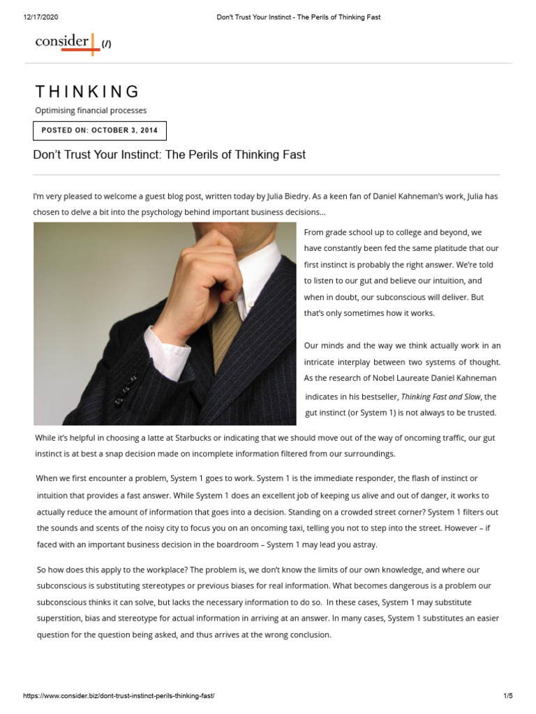 Don’t Trust Your Instinct: The Perils of Thinking Fast | PDF