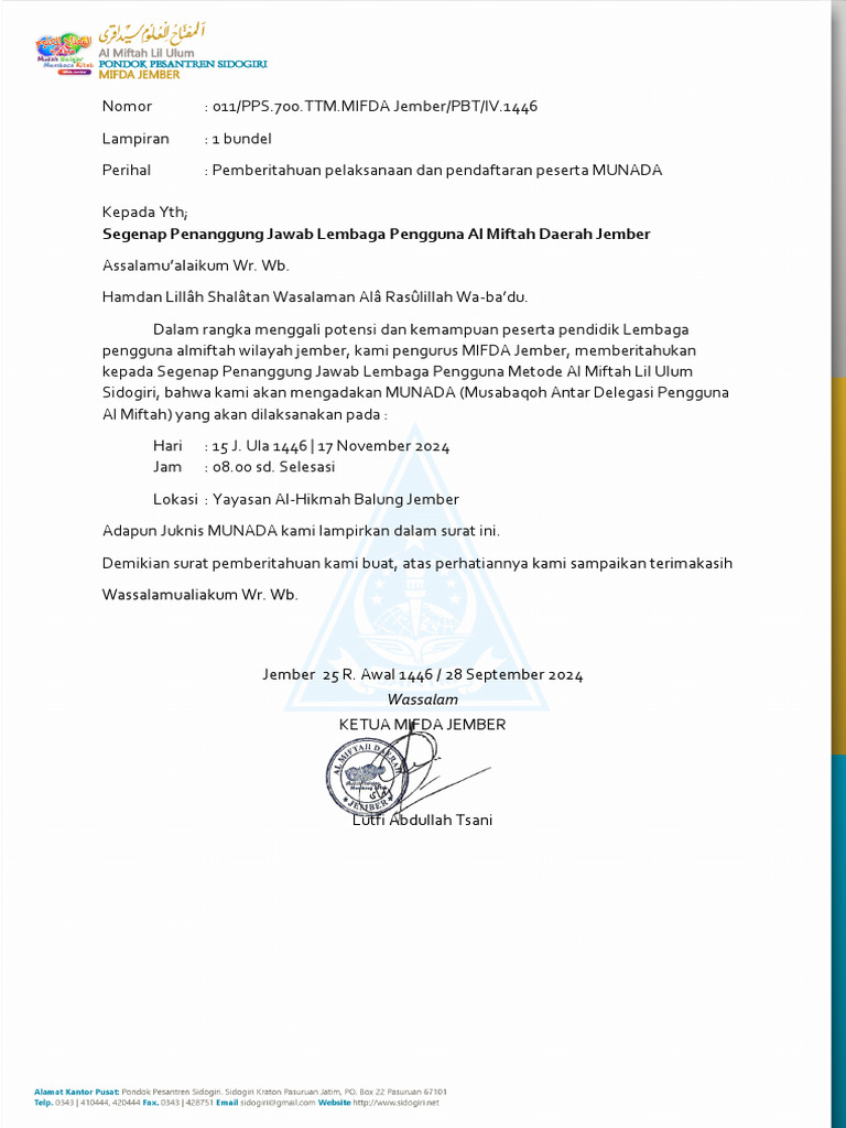 Pemberitahuan Pelaksanaan Munada Lembaga | PDF