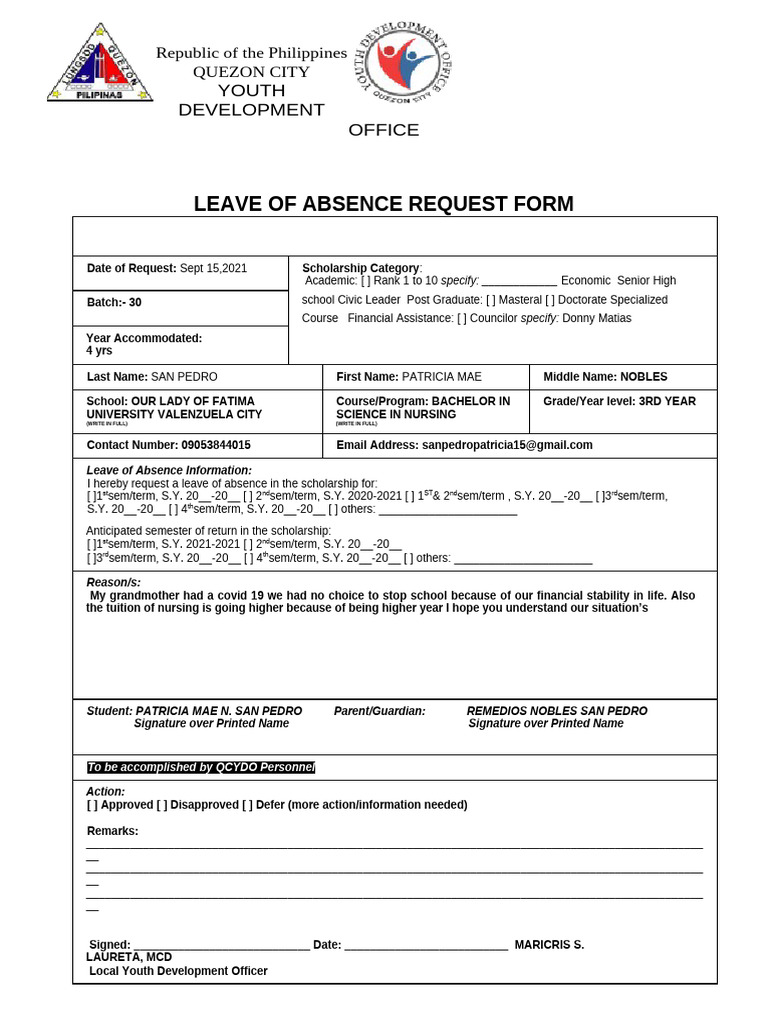 Patricia Mae Nobles San Pedro - Leave of Absence Form | PDF