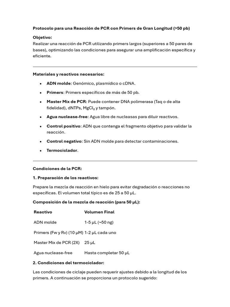 Protocolo para Una Reacción de PCR Con Primers de Gran Longitud | PDF | Reacción en cadena de la ...