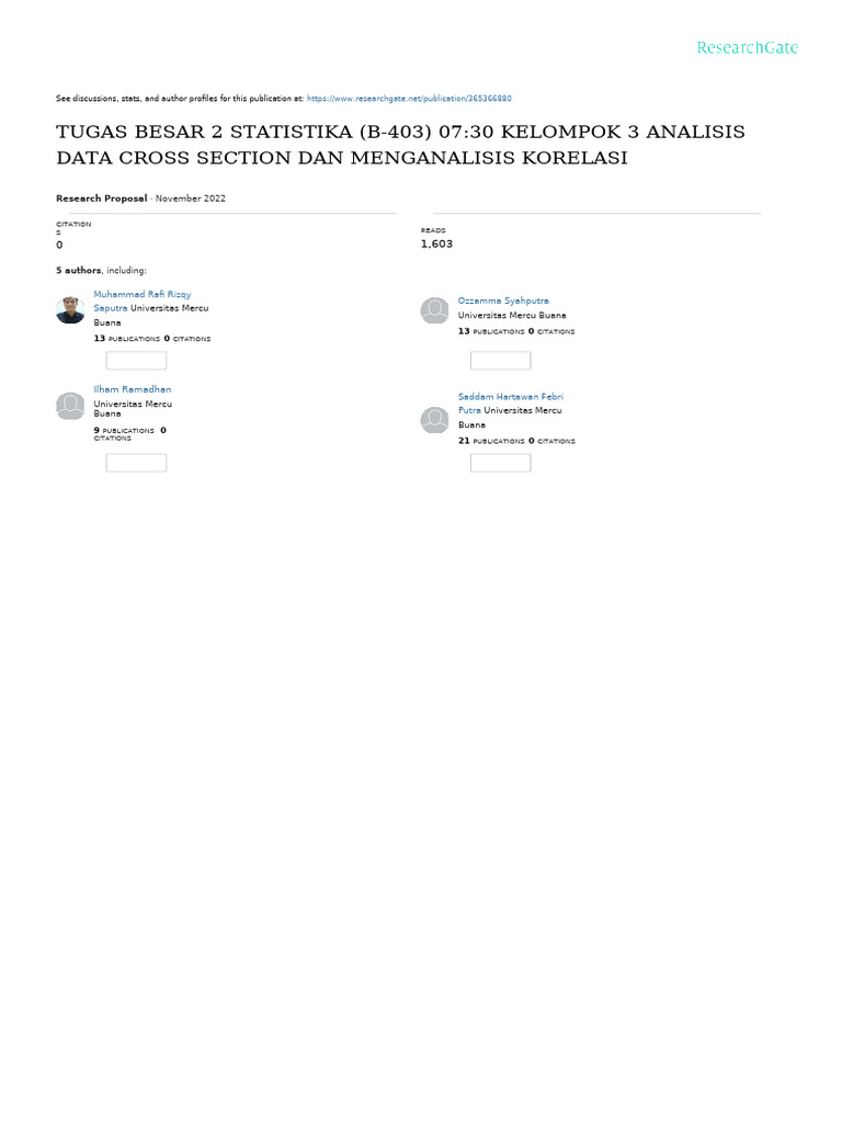 Tugas Besar 2 Statistika (B-403) 07:30 Kelompok 3 Analisis Data Cross Section Dan Menganalisis ...