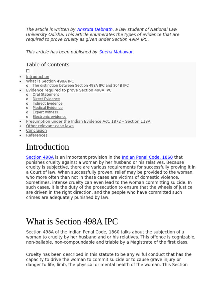 Ansruta Debnath: What Is Section 498A IPC Evidence Required To Prove Section 498A IPC | PDF