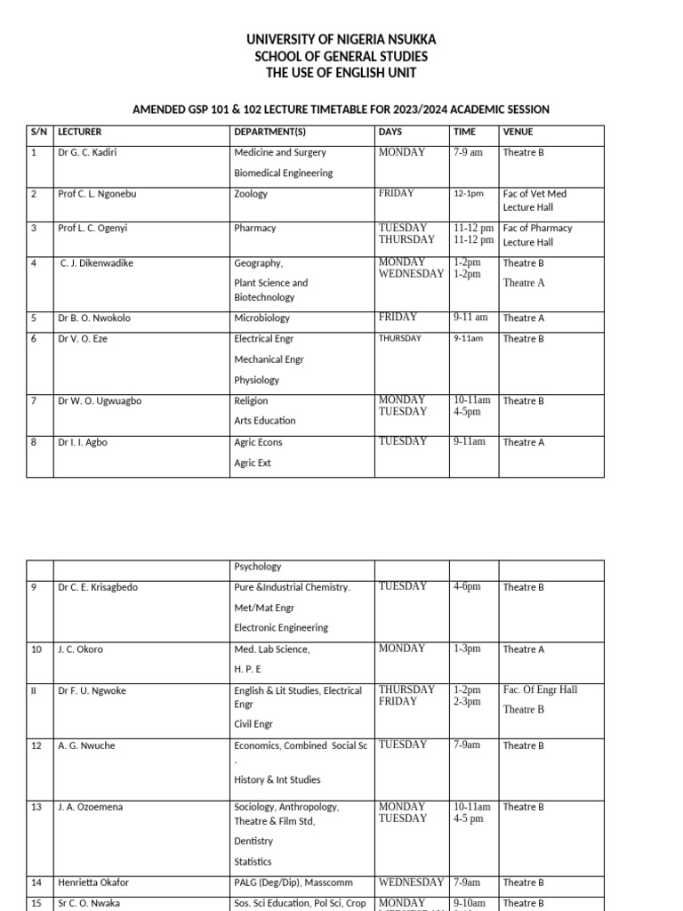 Amended Lecture Time Table GSP 101 - 102 2023 - 2024 | PDF