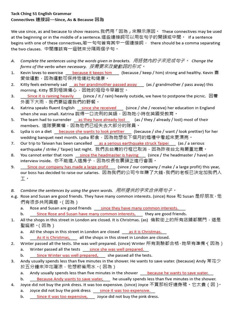 English Grammar: Using Since, As, Because | PDF | Sentence (Linguistics ...