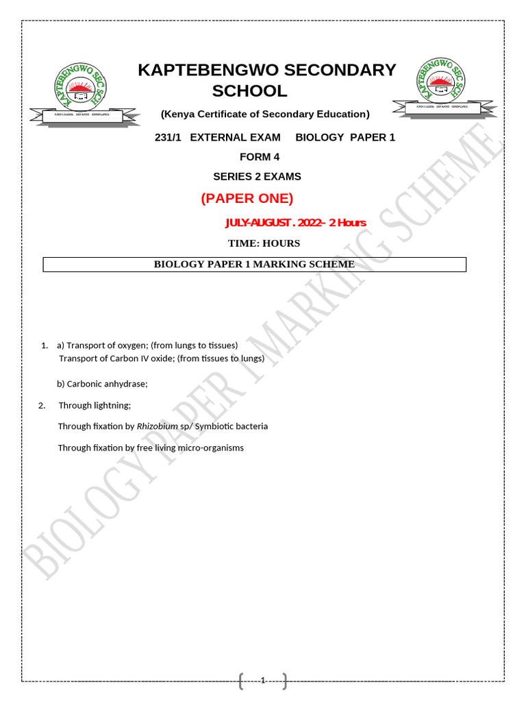 BIO PAPER 1 marking scheme | PDF