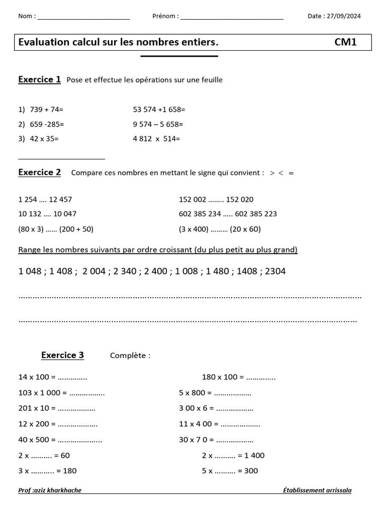 Opérations Cm1 Cm2 - Evaluation - Calcul - Cycle 3 | PDF