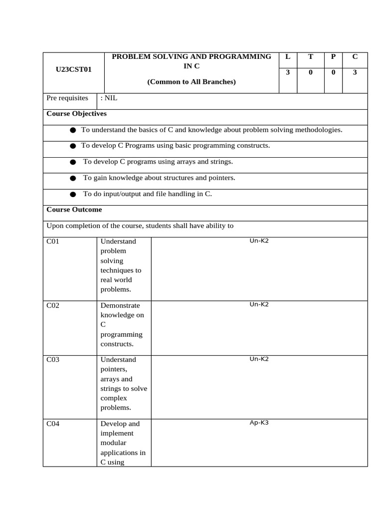 U23CST01 - Problem Solving and Programming in C | PDF