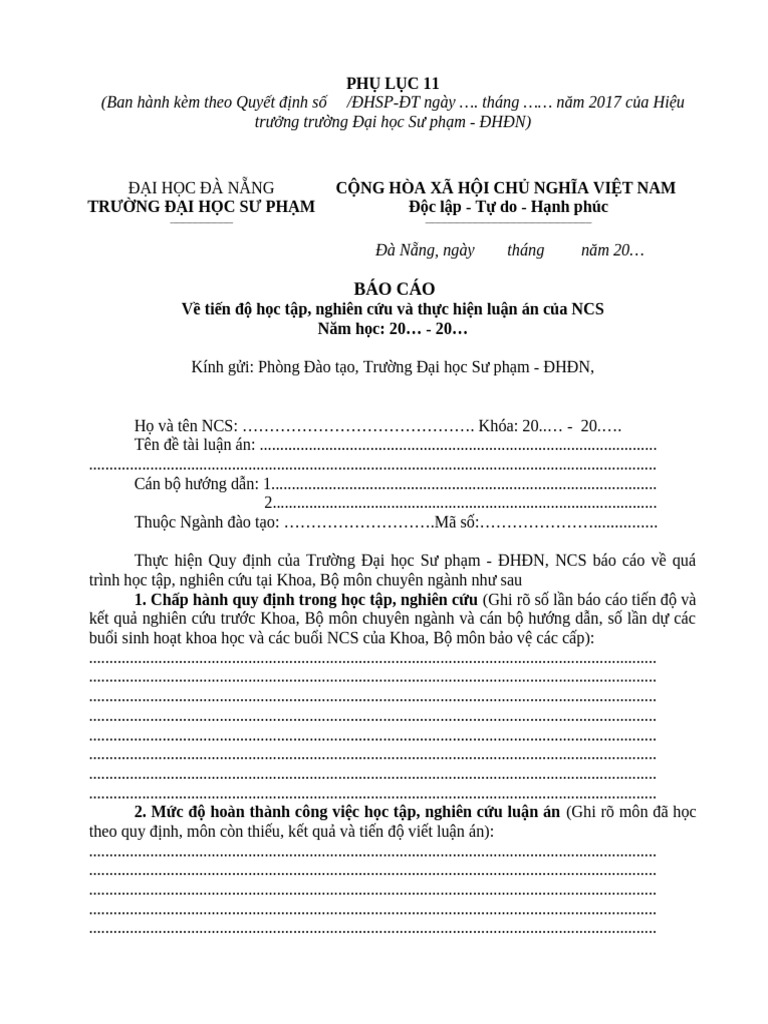 Phu Luc 11 QDTS Bao Cao Tien Do NCS | PDF
