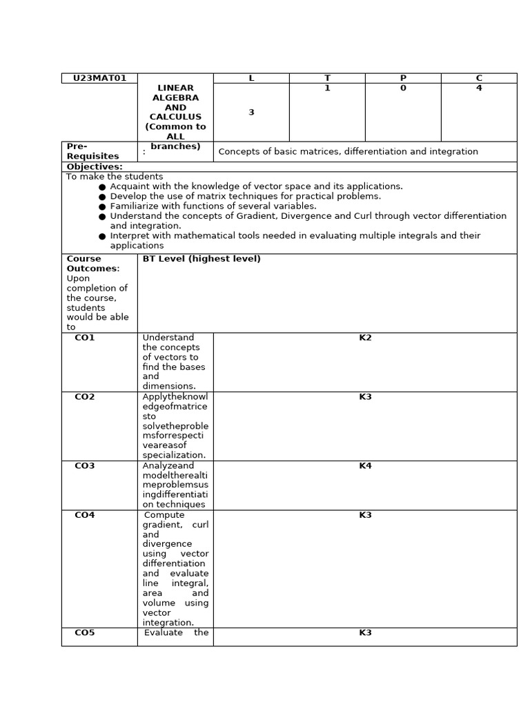 U23mat01-Linear Algebra and Calculus Syllabus | PDF