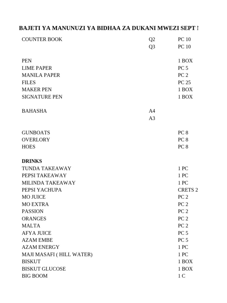 Bajeti Ya Manunuzi Dukani La Chuo Mwezi Sept Na Dec 2023 | PDF