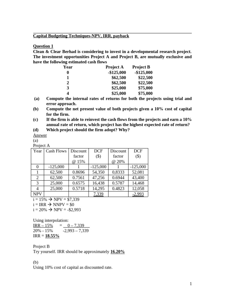 Tutorial capital budgeting techniques | PDF
