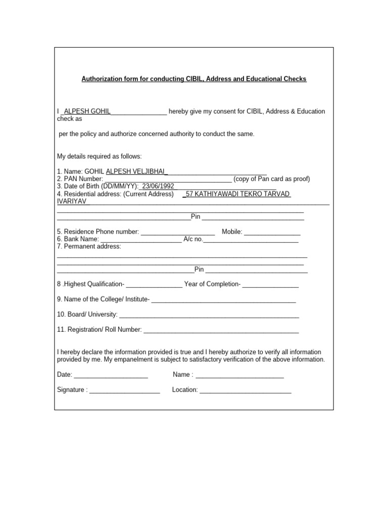 CIBIL Consent Form Authorization | PDF