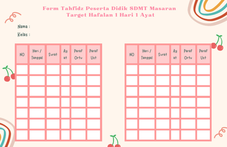 Form Tahfidz Peserta Didik SDMT Masaran Target Hafalan 1 Hari 1 Ayat | PDF