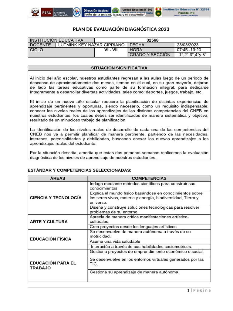 PLAN DE-EVALUACION-DIAGNOSTICA - Lutmink | PDF
