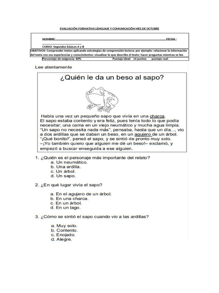 Evaluación Formativa Lenguaje Y Comunicación Mes De Octubre Pdf