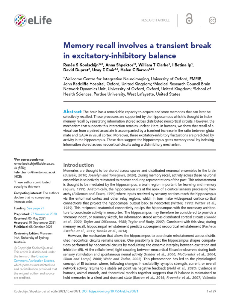 Memory Recall Involves A Transient Break in Excitatory-Inhibitory Balance | PDF