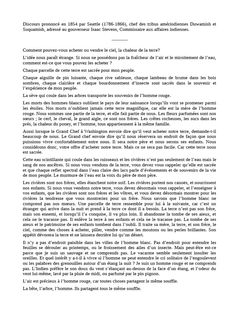 Discours Du Chef Seattle | PDF