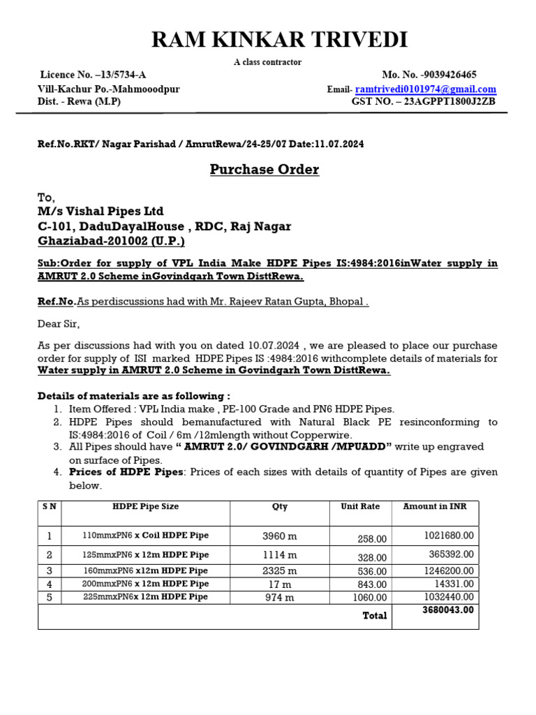 RKT PO VISHAL PIPE | PDF