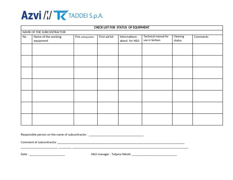 Check List For Status of Equipment | PDF