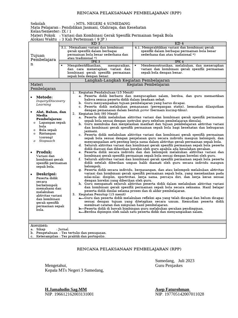 RPP Pjok Kelas Ix | PDF