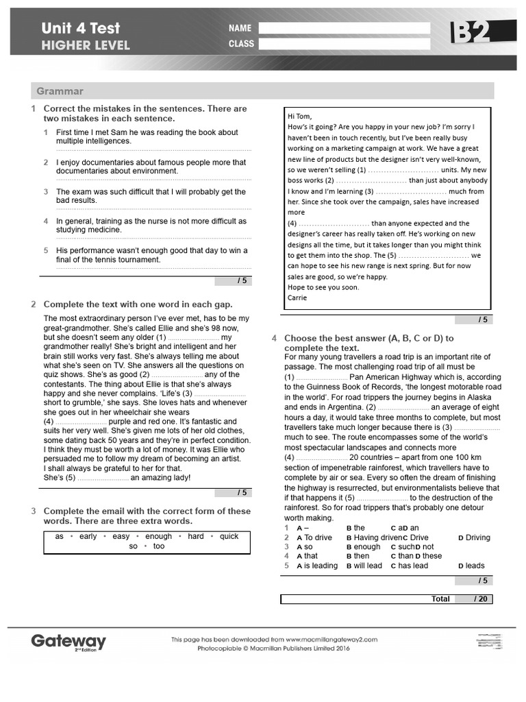 Copia de B2 UNIT 4 Test Higher | PDF