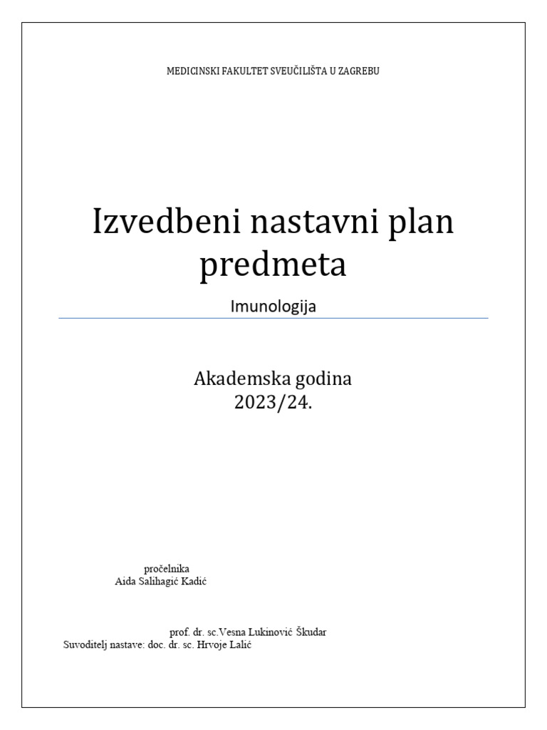 Izvedbeni Plan Imunologija 2023 2024 | PDF