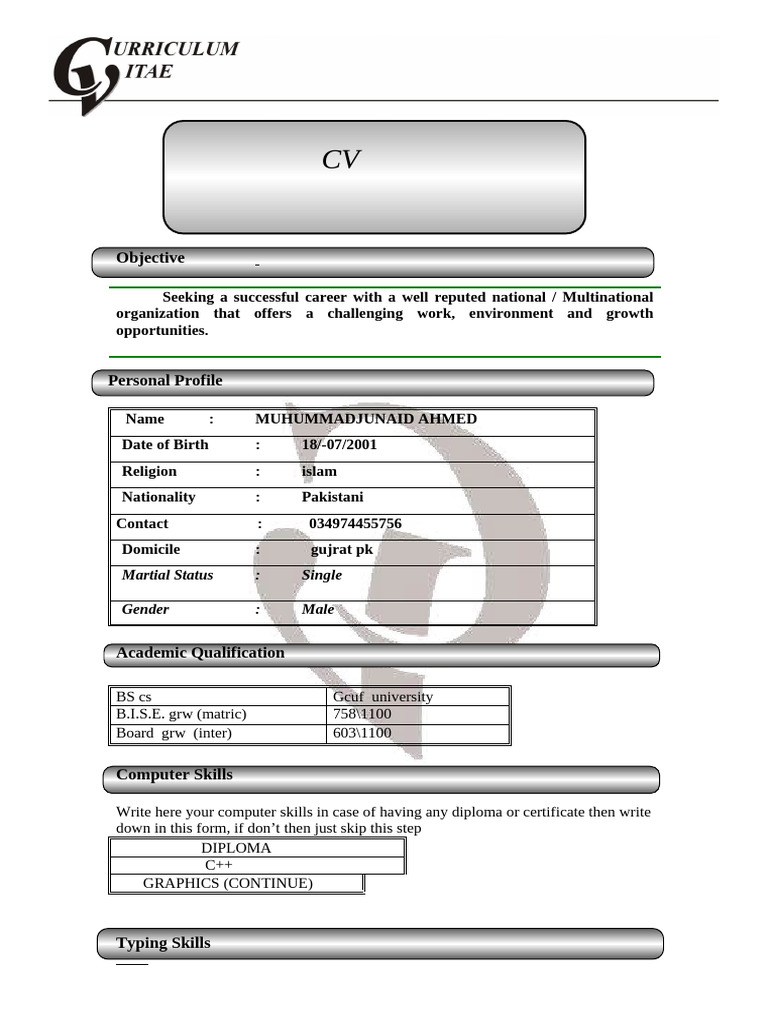 CV Format For Job in Pakistan in MS Word | PDF
