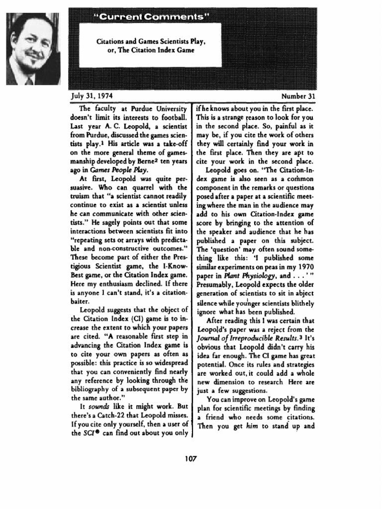 Citations and The Games Scientists Play, Or, The Citation Index Game ...