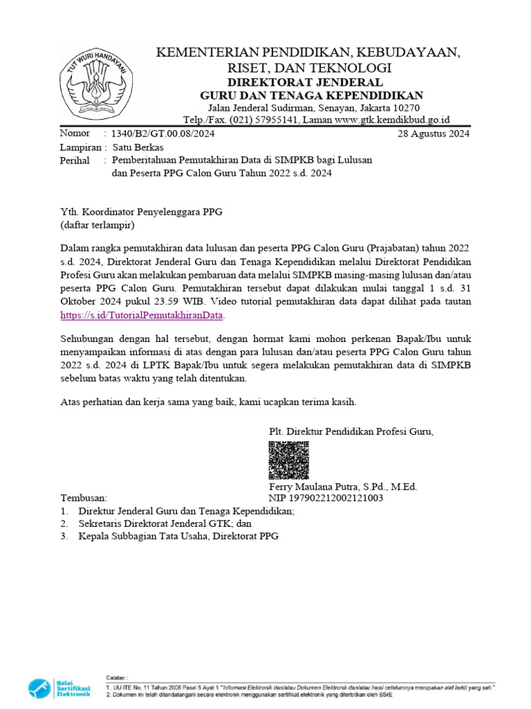 1340 - Surat Pemberitahuan Pemutakhiran Data Pesert PPG Calon Guru - 0110 | PDF