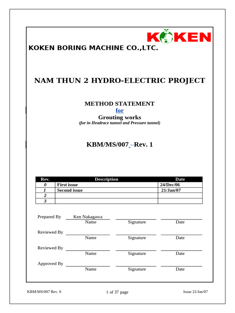 Method Statement Nam Theun 2 Rev1 | PDF | Concrete | Valve