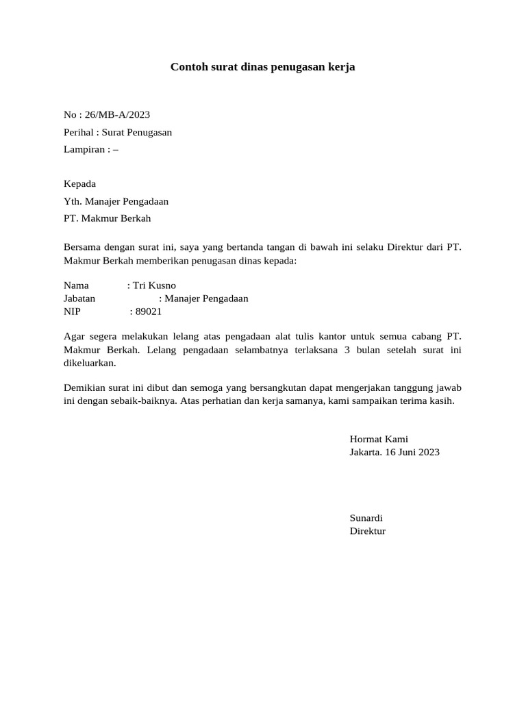 Contoh Surat Dinas Penugasan Kerja | PDF