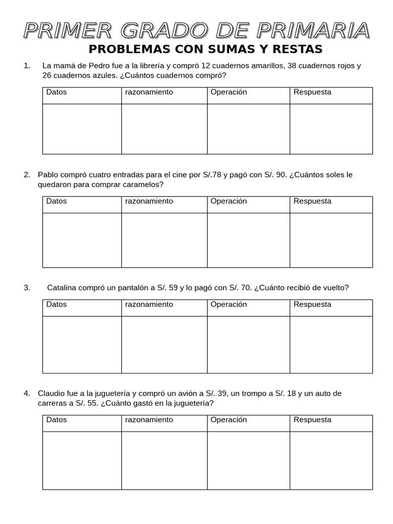 Problemas Con Sumas y Restas para Primer Grado de Primaria | PDF