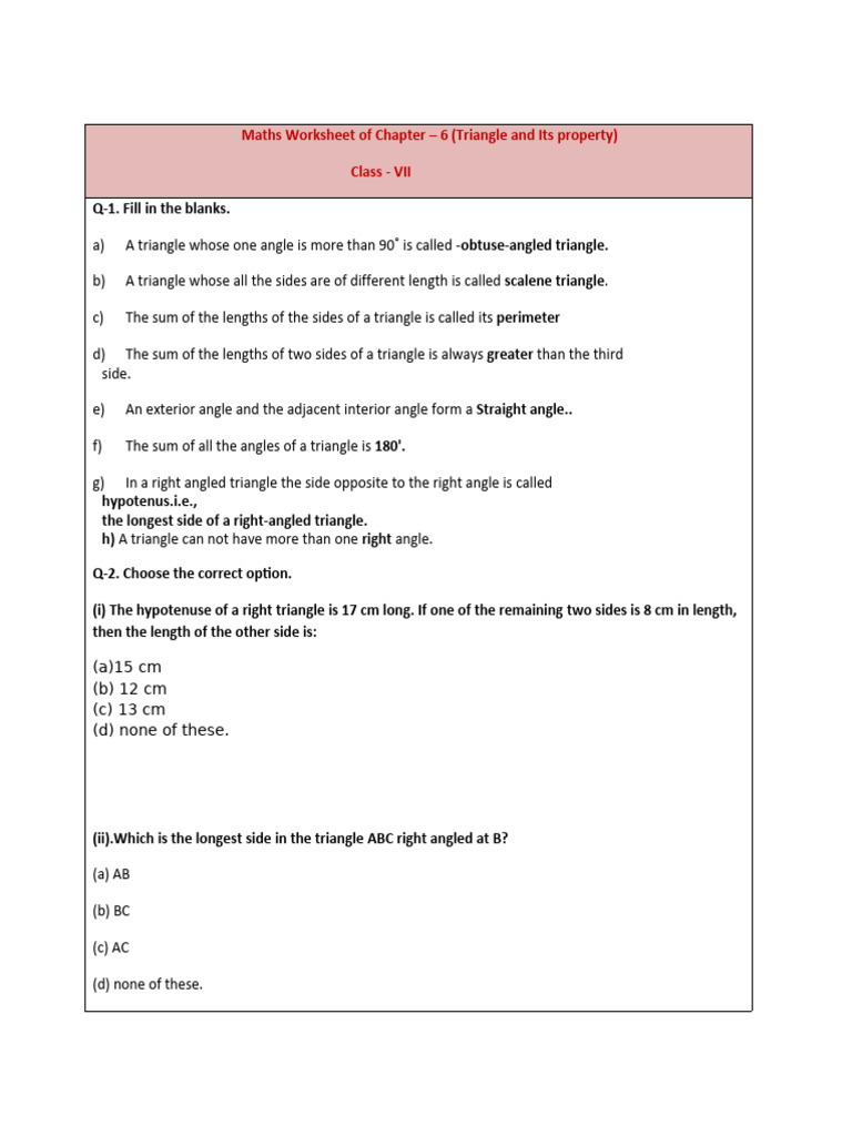 7-Mathematics Triangles and Properties With Answer | PDF