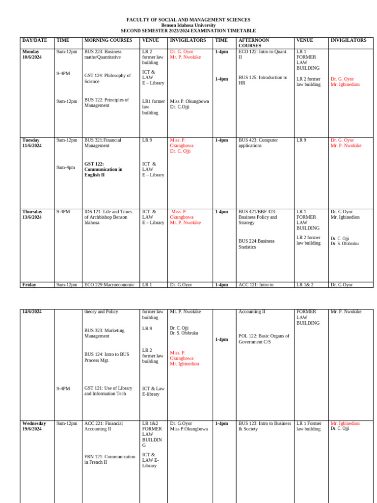 Latest Bus Admin 2nd Semester Exam Timetable 23 - 24 | PDF