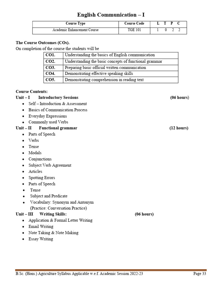English Communication Syllabus for B.Sc. Agriculture | PDF ...