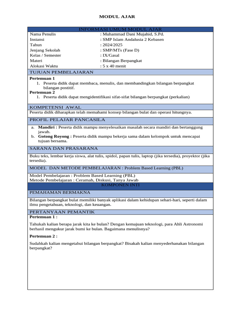 7a) Modul Ajar Bilangan Berpangkat Bulat | PDF