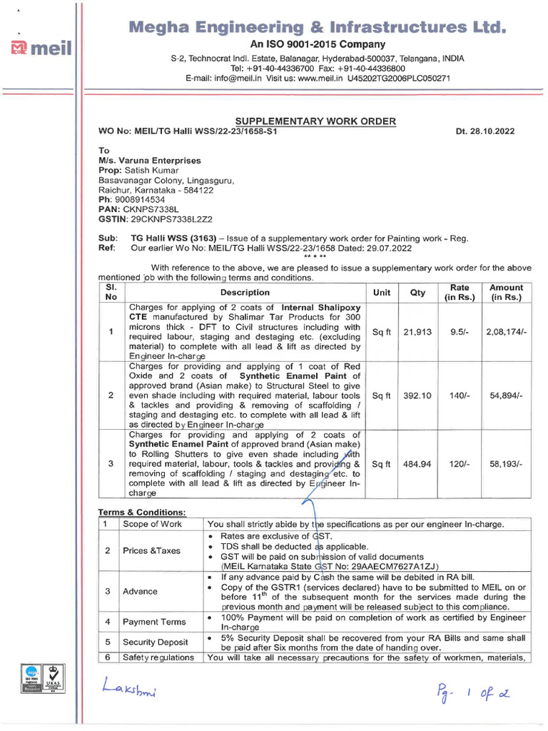 1658-S1 - WO - Varuna Enterprises - Painting Work - TG Halli | PDF
