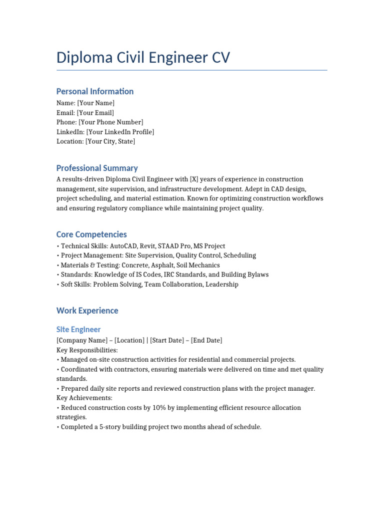 Smart Diploma Civil Engineer CV | PDF