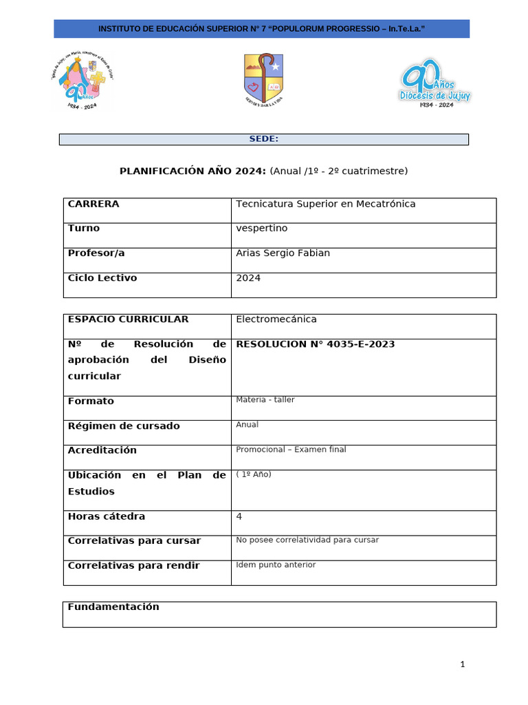 Planificacion Anual de Electromecanica 2024-Populorum | PDF