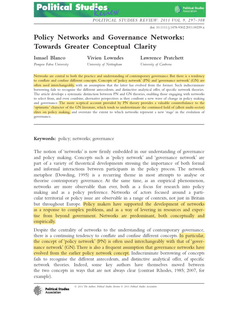 Policy Networks and Governance Networks | PDF