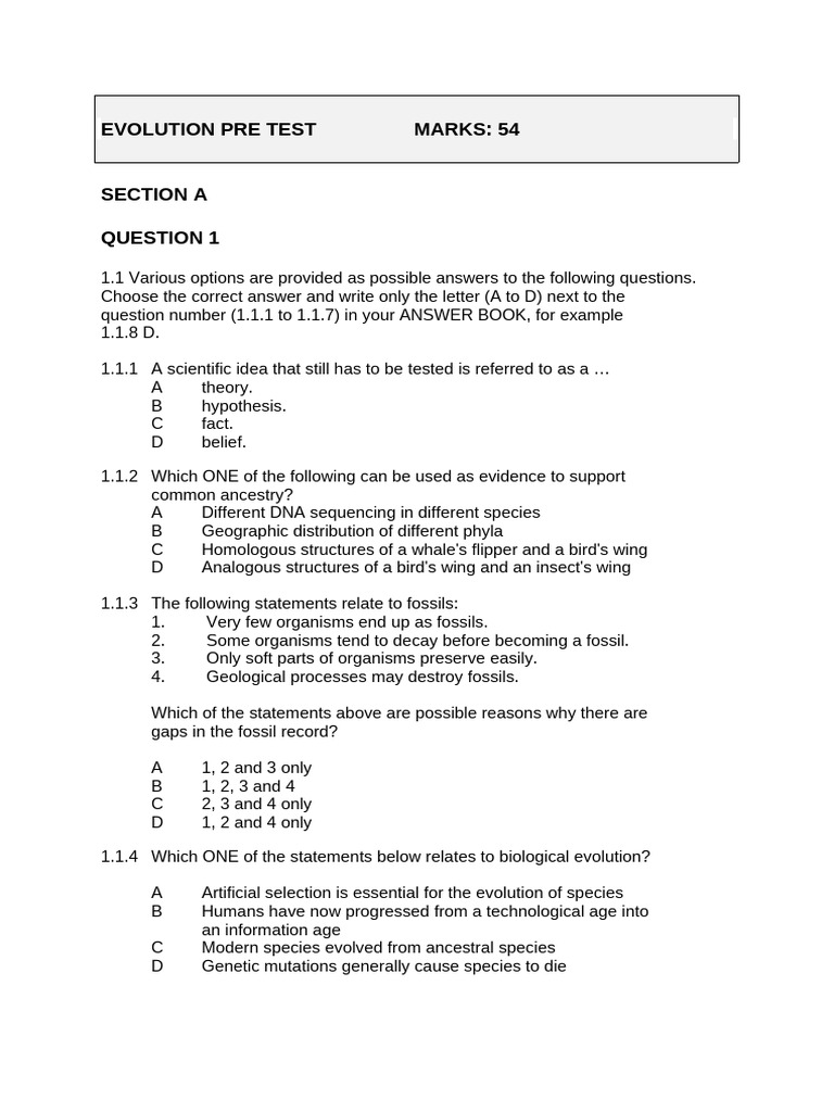 Evolution Pre Test | PDF