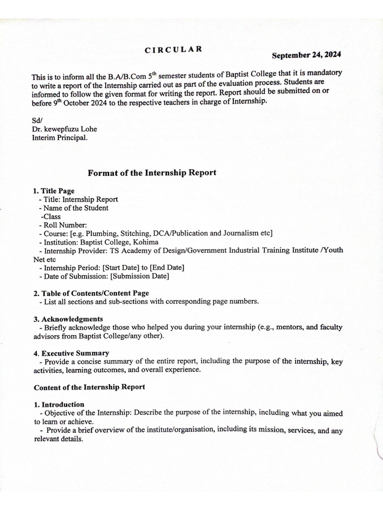 Circular - Internship Report Format | PDF