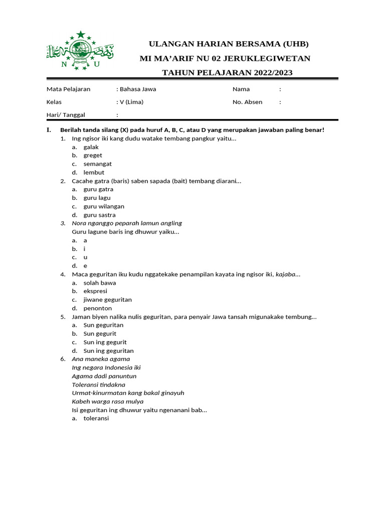SOAL UHB B. JAWA KLS 5 | PDF
