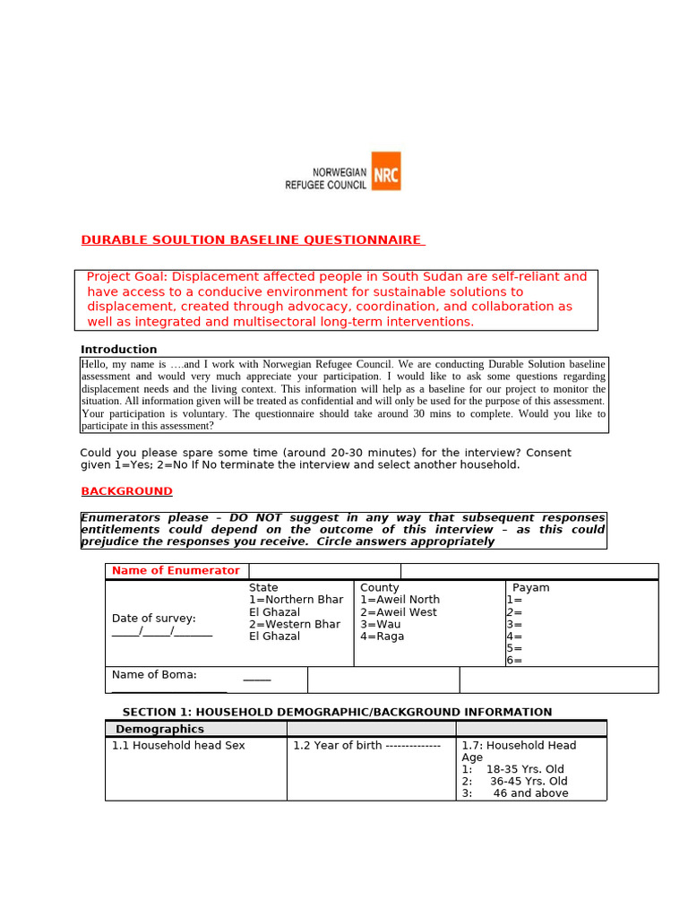 Durable Soultion Baseline Questionnaire Final | PDF