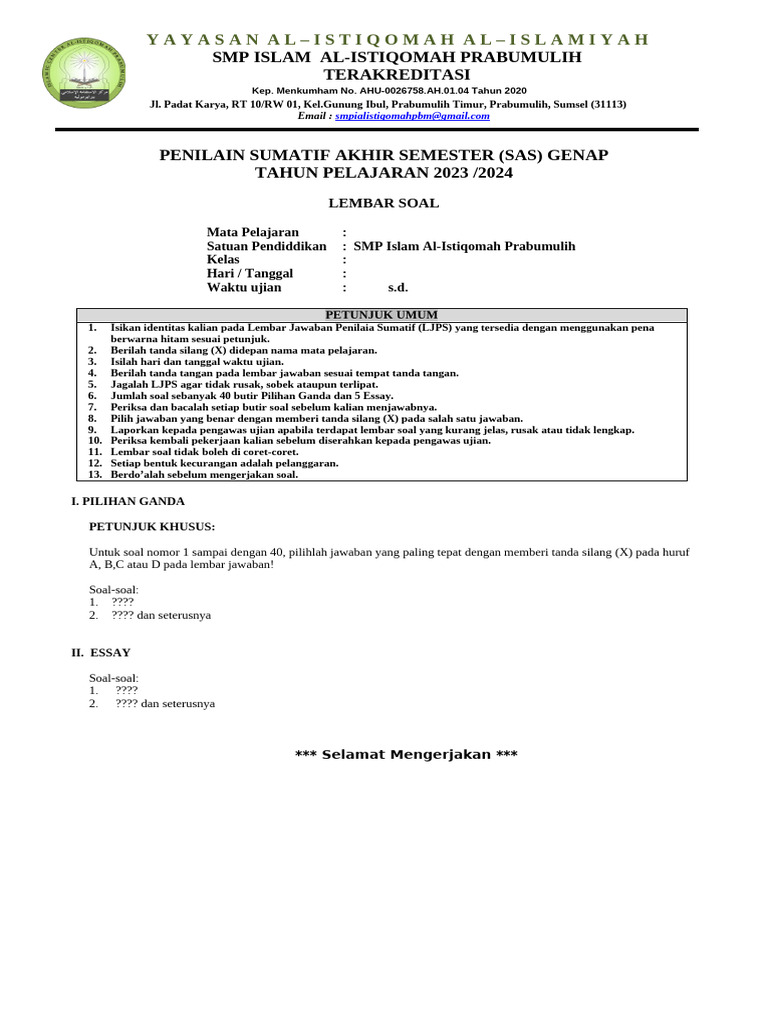 Format Soal SAS Genap TA 2023-2024 | PDF